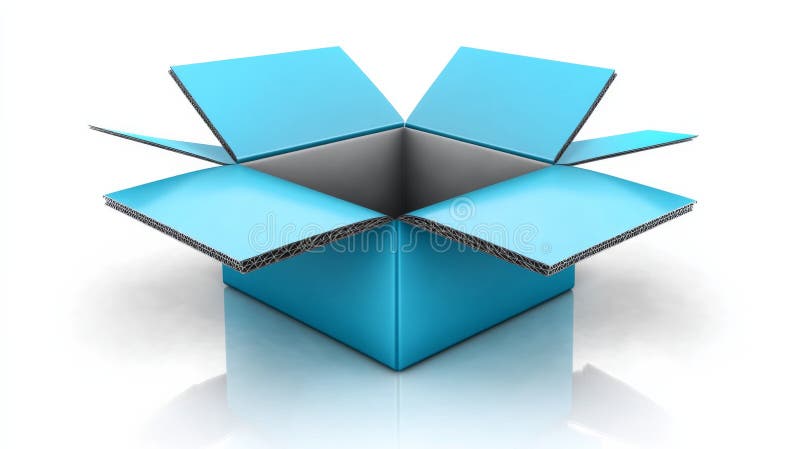 Bright Blue Cardboard Box Sits Open on a Reflective Surface with Flaps ...