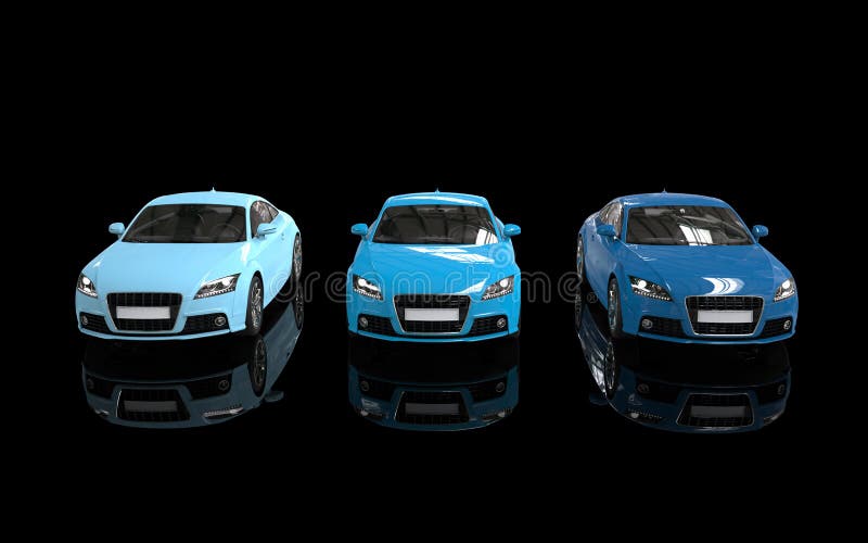 Bright Blue Cars on Black Background - Front View Stock Image - Image ...