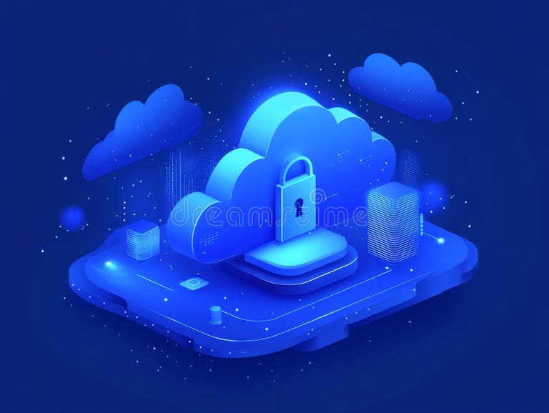 Bright Blue Cloud Platform with Lock Icon Surrounded by Secure Data ...