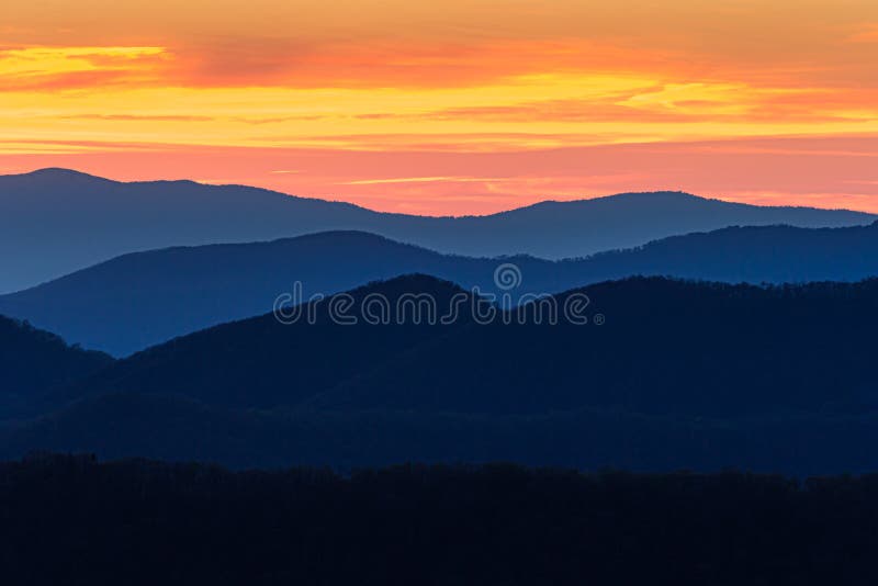Bright Blue Color Dominates the Blue Ridge Mountains at Sunset Stock ...