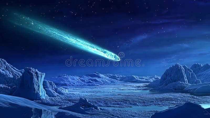 Bright Comet Entering Atmosphere Over Icy Mountains at Night Stock ...
