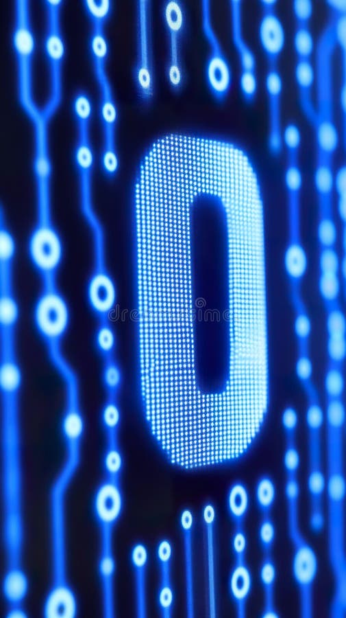 Bright Blue Digital Display of the Number Zero with Circuit Patterns on ...
