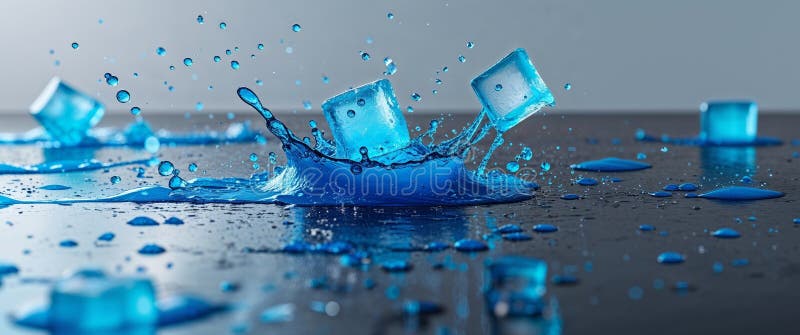 Bright Blue Drink Splashes with Ice Cubes on Dark Reflective Surface ...