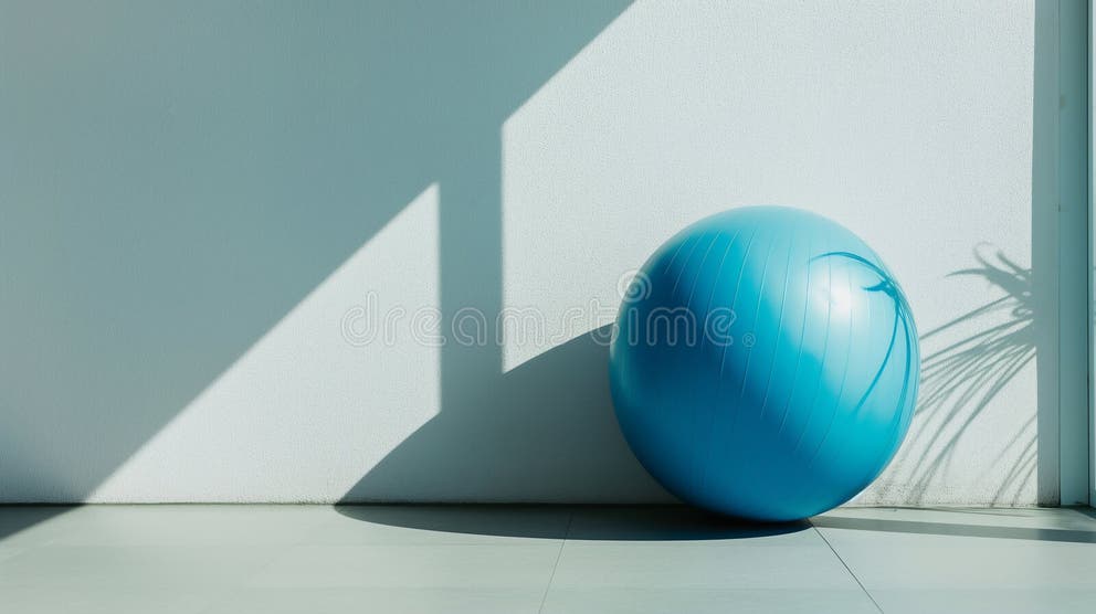 A Bright Blue Exercise Ball Resting Against a White Wall, Casting a ...