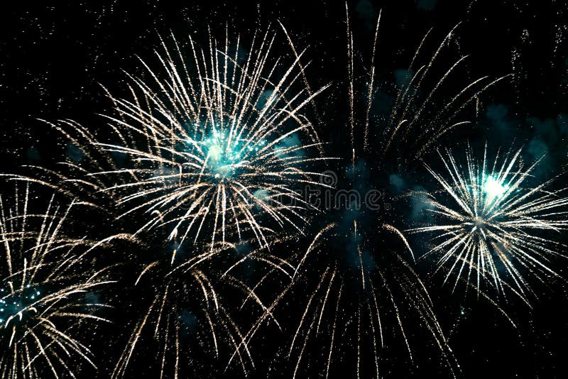 Bright Blue Fireworks in the Night Sky. New Year Celebration Stock ...