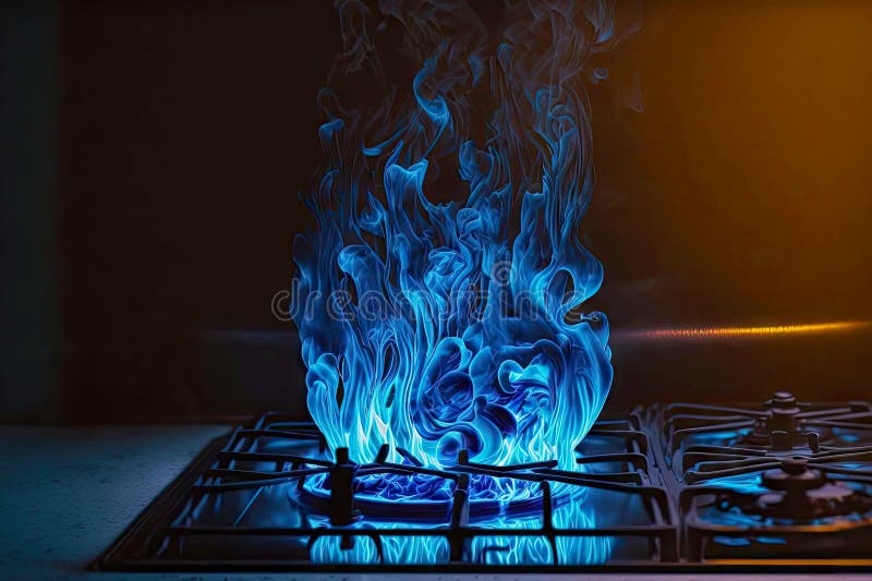Bright Blue Flame from Burning Gas on Gas Kitchen Stove in Kitchen ...