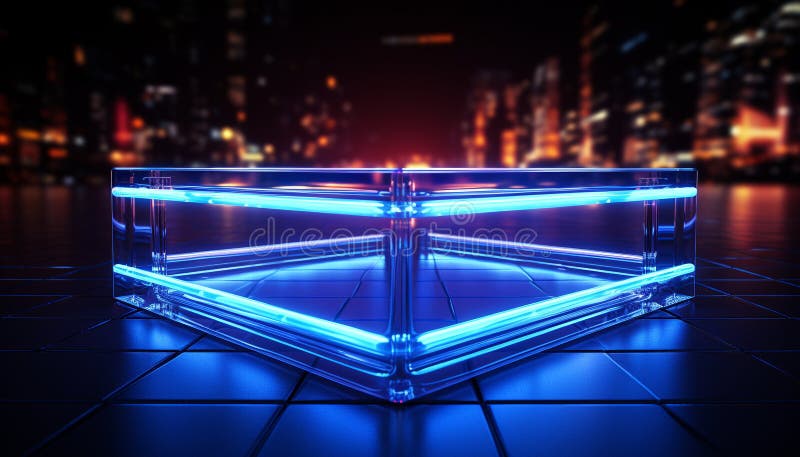 Bright Blue Futuristic Cityscape Reflects on Shiny Glass Table ...