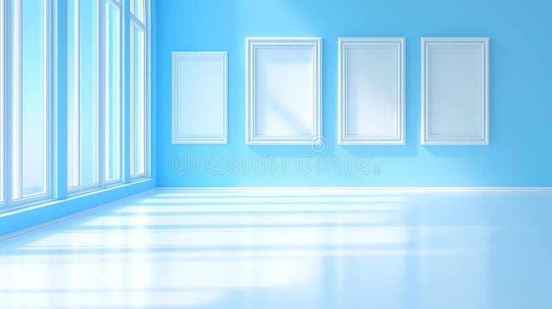 Bright Blue Gallery Space with Empty Frames on Walls Stock Illustration ...