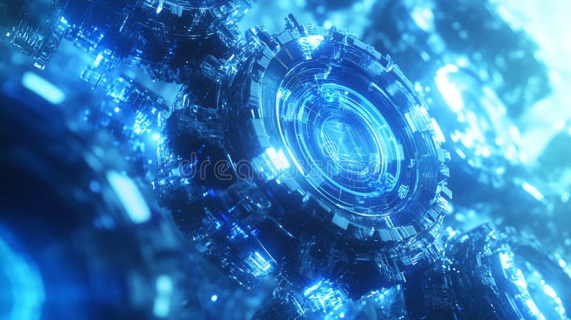 Futuristic Digital Technology Backdrop with Glowing Blue Gears and Cogs ...