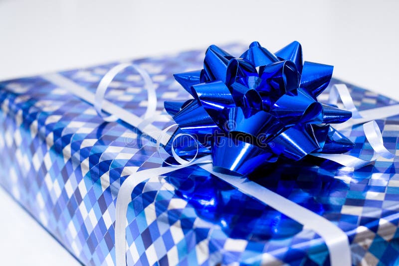 Bright Blue Gift Box with Silber Ribbon Bow Stock Image - Image of ...