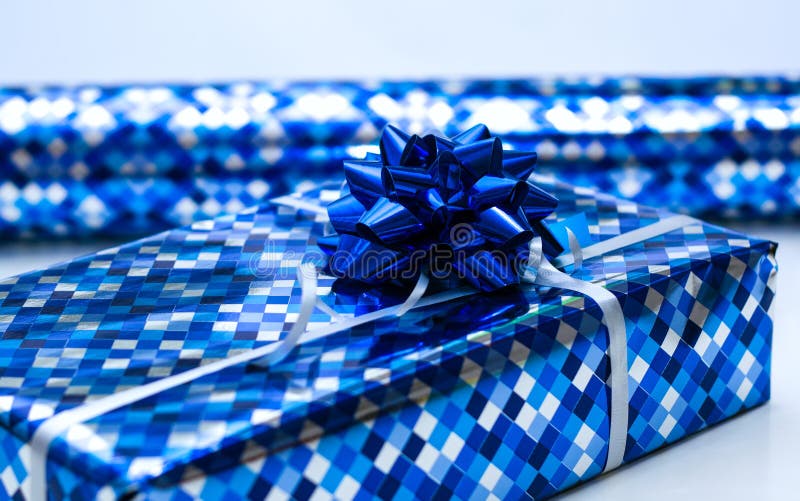 Bright Blue Gift Box with Silber Ribbon Bow Stock Photo - Image of ...