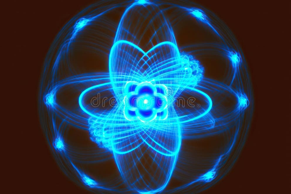 Bright Blue Glowing Atom Orbit Model with Lines Around Core Stock ...