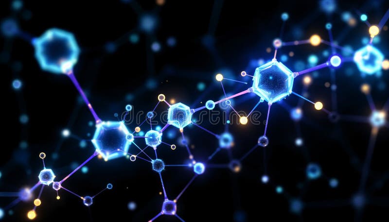 Bright Blue Glowing Molecules Connected in a Complex Network Against a ...