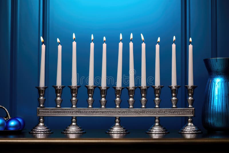 Bright Blue Hanukkah Candles Arranged in a Silver Menorah Stock Image ...