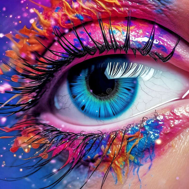 Bright Blue Human Eye with a Multicolored Paint Splash and Sparkles ...