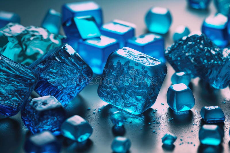 Bright Blue Ice Cubes Randomly Scattered on Table Stock Illustration ...