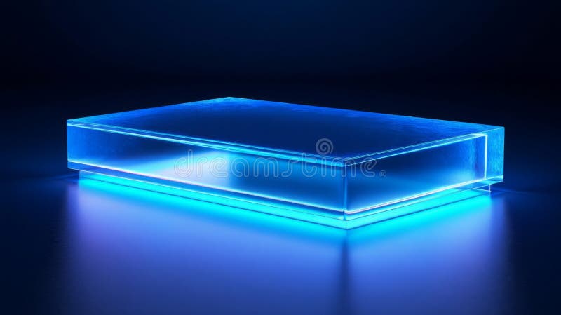 Bright Blue Illuminated Glass Rectangle on Dark Reflective Surface ...