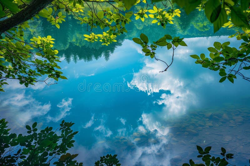 Bright Blue Lake Reflecting Sky, Framed by Trees and Clouds, Bright ...