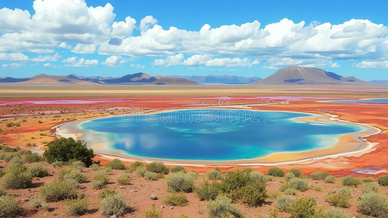 A Bright Blue Lake Surrounded by Red Earth in a Desert Landscape Stock ...