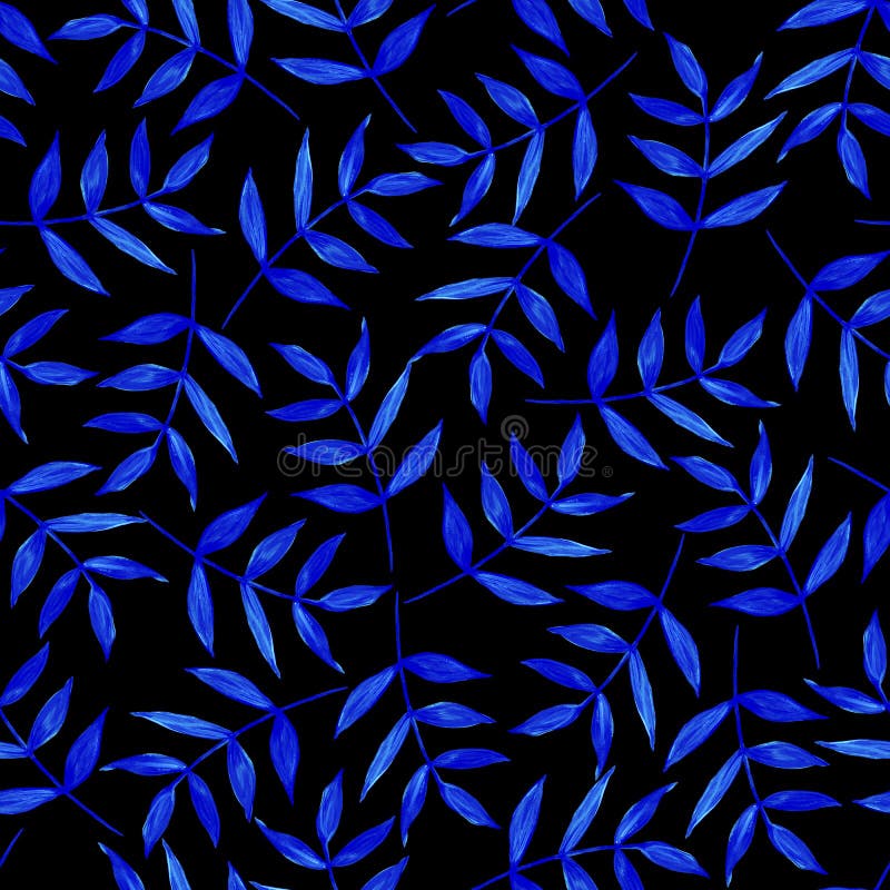 Bright Blue Leaves and Branches on a Black Background. Seamless Pattern ...