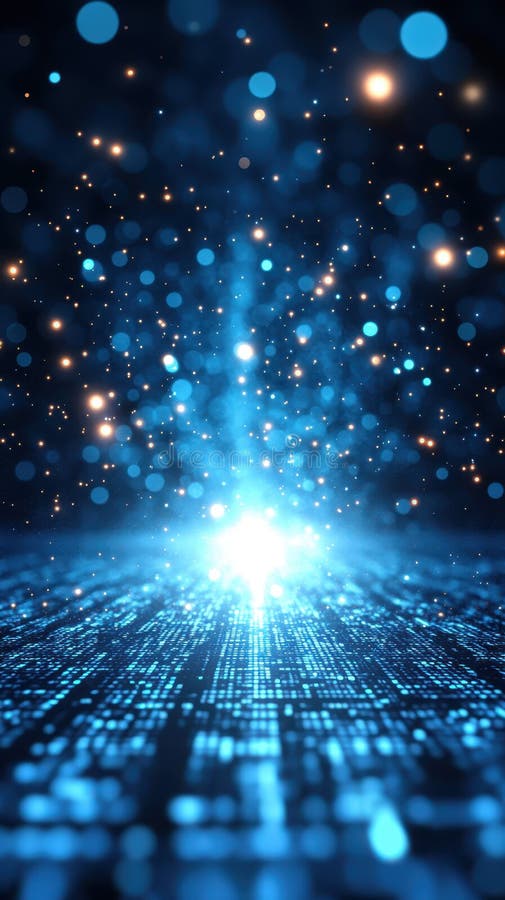 Bright Blue Light Beams with Sparkling Particles in Digital Landscape ...