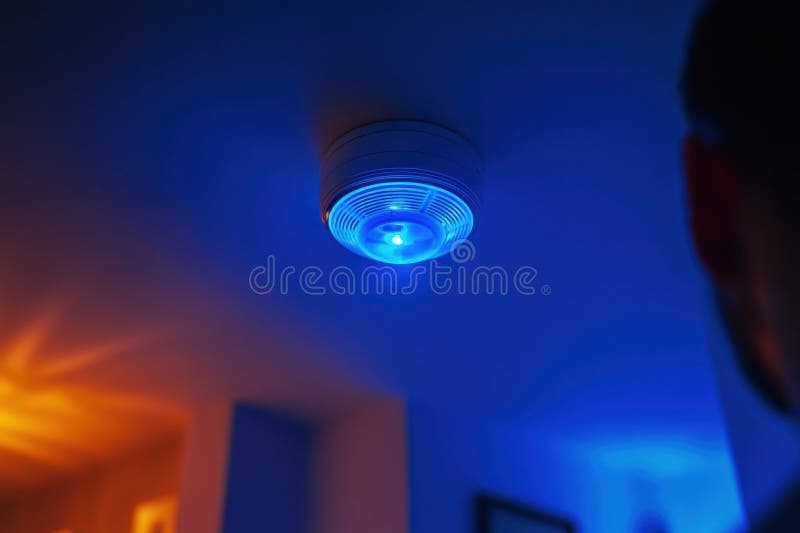 Bright Blue Light Emitted from a Ceiling Smoke Detector in a Dimly Lit ...