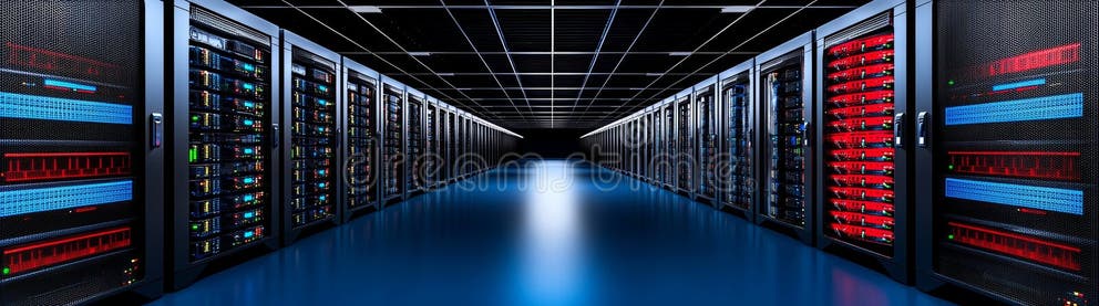 Bright Blue Lights Shining on Rows of Server Racks in a Data Center ...