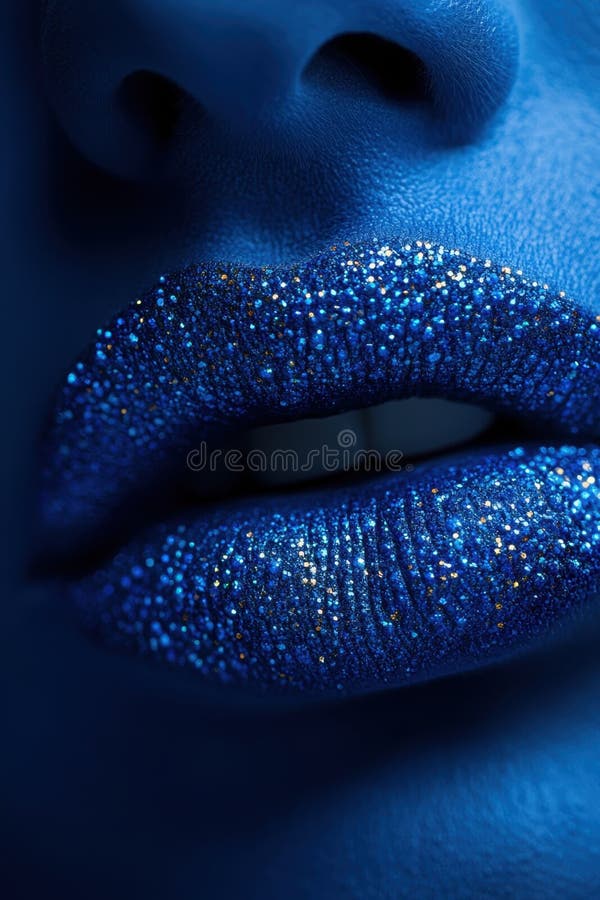 Close-up of Glistening Blue Glitter Lips Showcasing a Bold Makeup Look ...