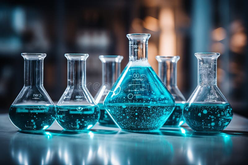 Bright Blue Liquids Bubble in Laboratory Glassware Under Soft Lighting ...