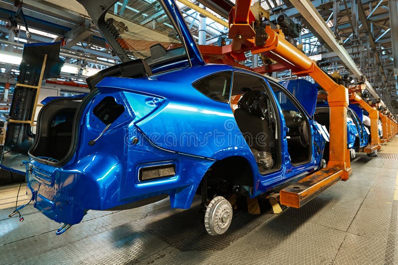 Bright Blue Modern Cars Bodies in Assembling Workshop Stock Photo ...