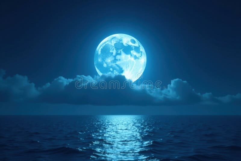 Bright Blue Moon Rising Above a Low Cloud Layer on a Calm Ocean ...