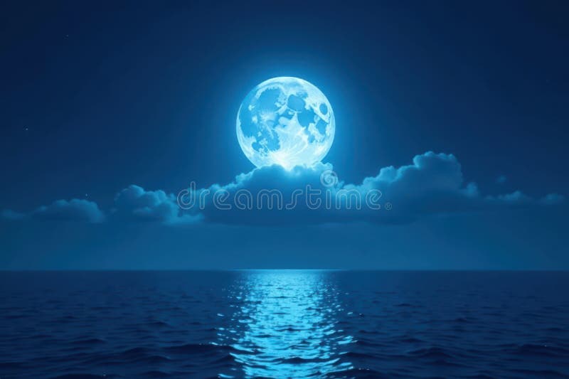 Bright Blue Moon Rising Above a Low Cloud Layer on a Calm Ocean ...