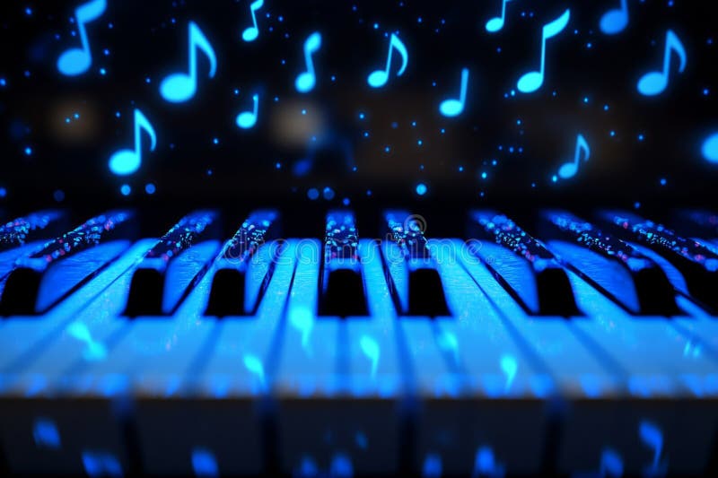 Bright Blue Music Notes Falling on Piano Keyboard Creating a Magical ...