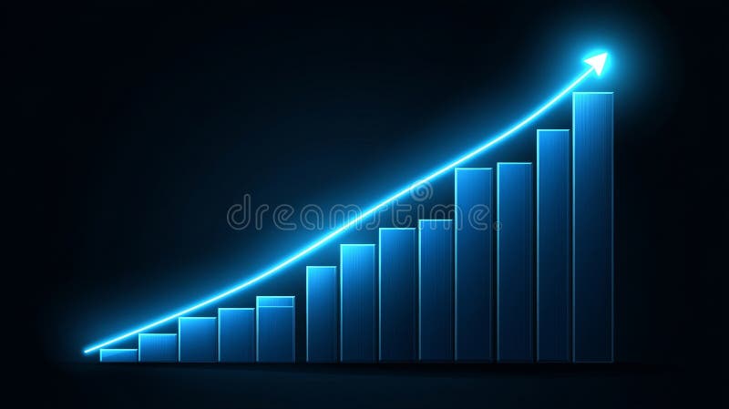 Bright Blue Neon Graph Line on Dark Blue Background, Dynamic Upward ...