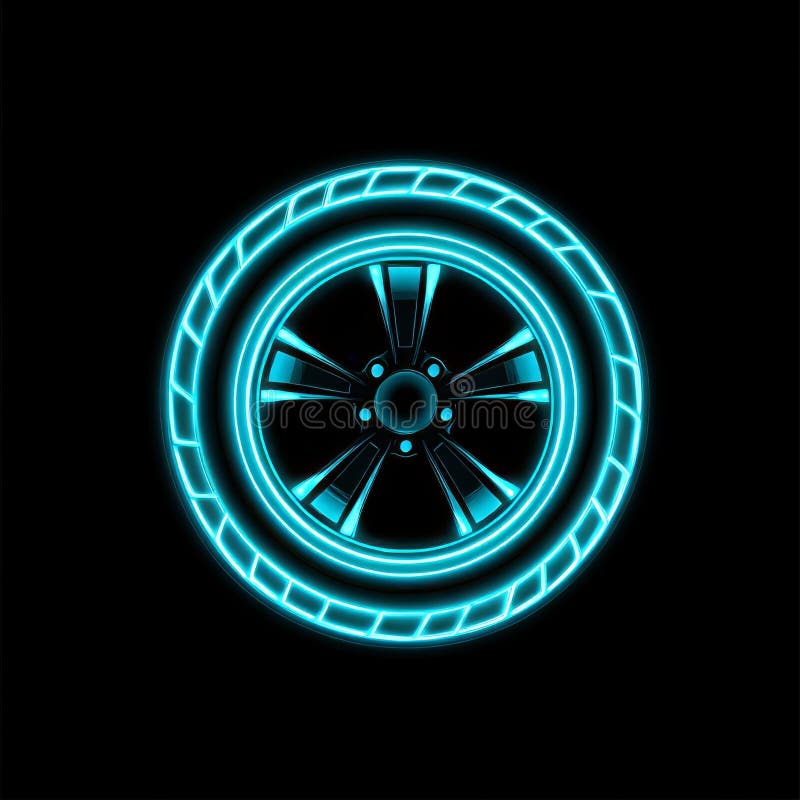 A Bright Blue Neon Icon Depicting a Car Wheel and Disk Brake System ...