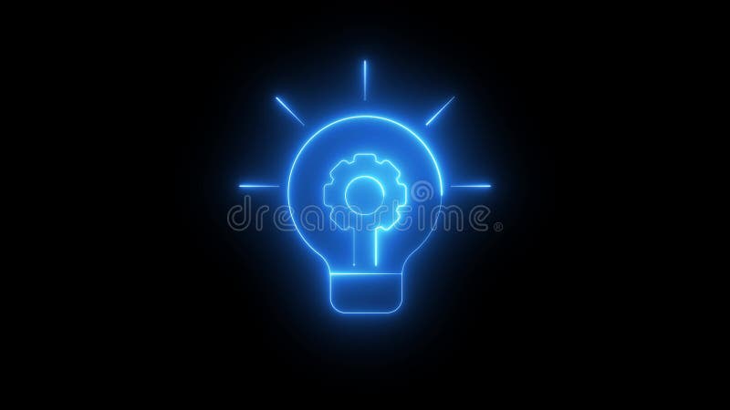 Bright Blue Neon Lightbulb with Gear Icon Representing Digital ...