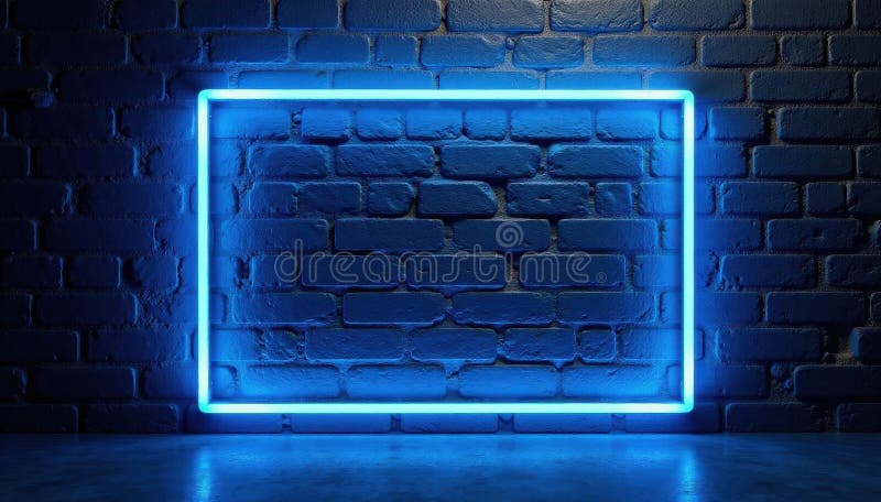 Bright Blue Neon Rectangle Frame on Aged Brick Wall, Exterior ...