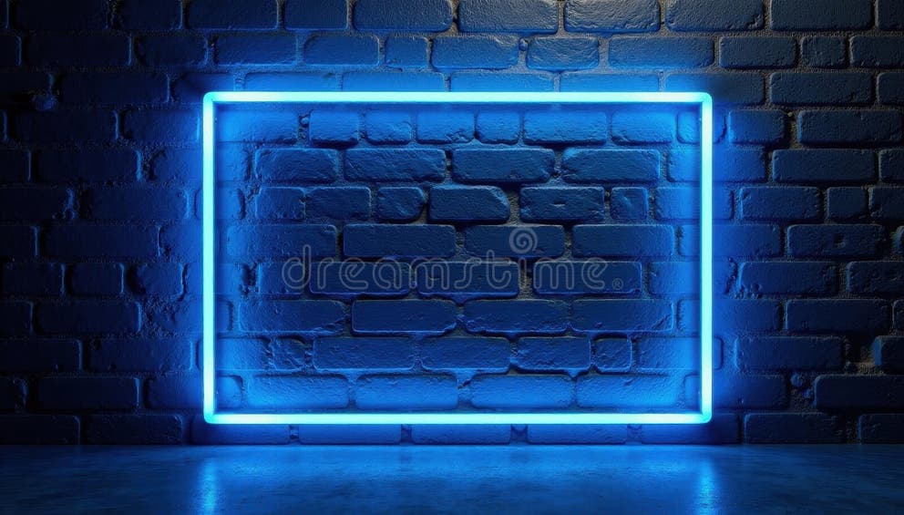 Bright Blue Neon Rectangle Frame on Aged Brick Wall, Exterior ...