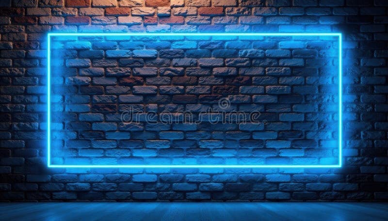 Bright Blue Neon Rectangle Frame on Aged Brick Wall, Texture, Cyan ...