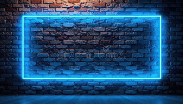 Bright Blue Neon Rectangle Frame on Aged Brick Wall, Texture, Cyan ...
