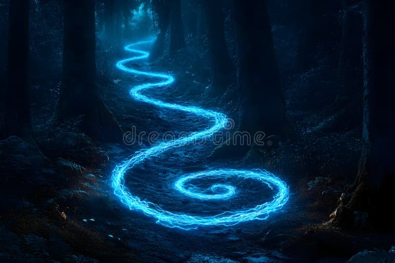 Bright Blue Path of Light Snaking through a Lush, Dark Forest, Offering ...
