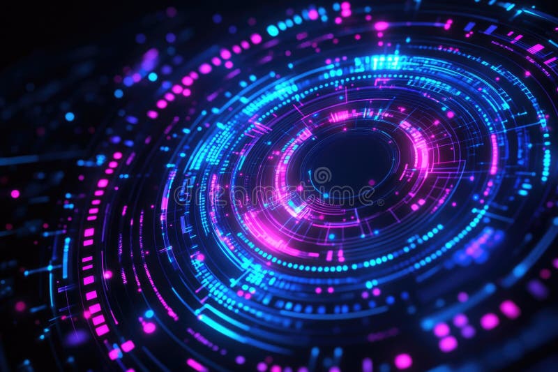 A Bright Blue and Pink Circular Object Lit Up in a Dark Room Stock ...