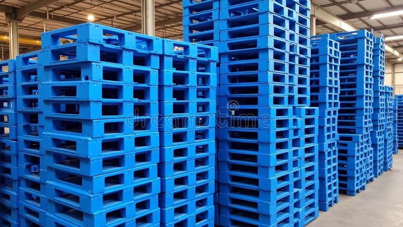 Bright Blue Plastic Pallets Neatly Stacked in Spacious Factory Storage ...