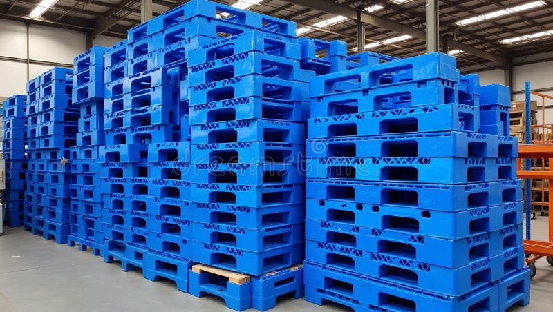 Bright Blue Plastic Pallets Neatly Stacked in Spacious Factory Storage ...