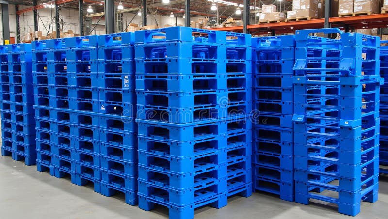 Bright Blue Plastic Pallets Neatly Stacked in Spacious Factory Storage ...