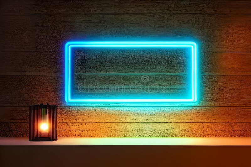 Bright Blue Rectangle Neon at the Wall Backdrop and Wood Background ...