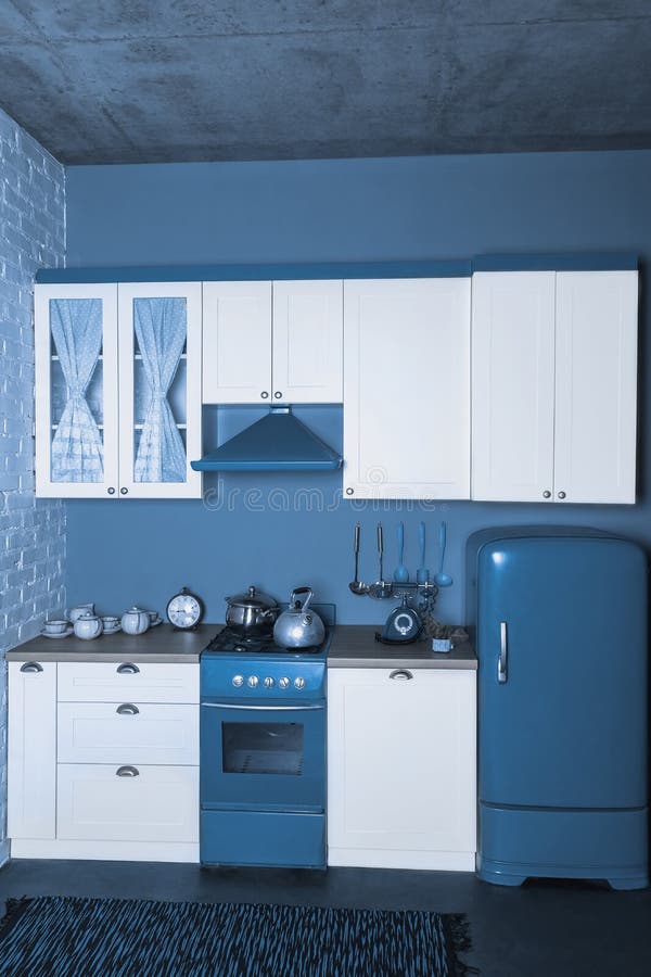 Bright blue retro kitchen stock photo. Image of glass - 153553218