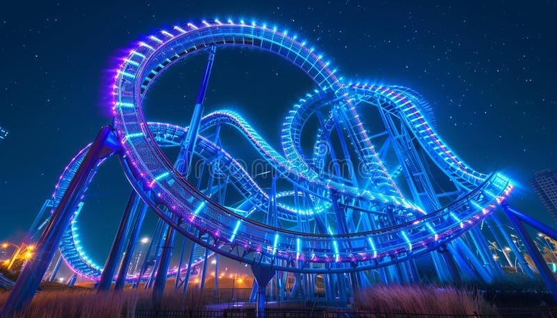 Bright Blue Rollercoaster Spinning in the Night Sky, Exciting Fun Stock ...