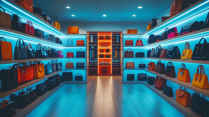A Bright Blue Room with Many Shelves of Purses Stock Photo - Image of ...