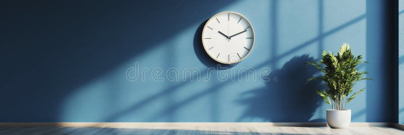 Bright Blue Room with a Stylish Clock and Plant Stock Illustration ...